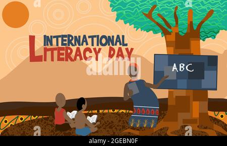 Illustration of a teacher and students sitting under a tree Stock ...