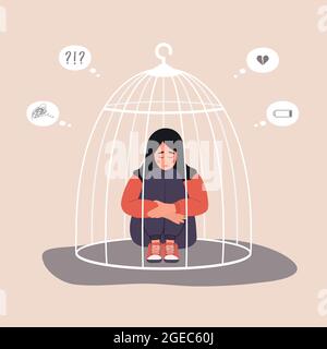 Woman locked in cage. Unhappy female character sitting on floor and ...