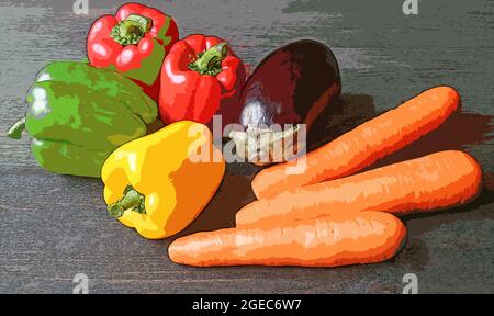 Illustration of Colorful assorted vegetables on black wooden backdrop ...
