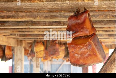 Specialty of iceland called hakarl (fermented shark) in open warehouse ...