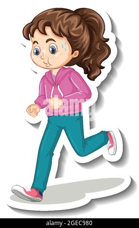 Cartoon character sticker with a girl jogging on white background ...