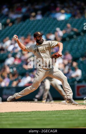 August 18 2021: San Diego pitcher Craig Stammen (34) throws a pitch ...