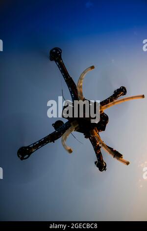 Photographic representation of the flight of a drone at sunset Stock ...