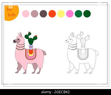 Cartoon cute happy llama. Coloring book page with colorful template for ...