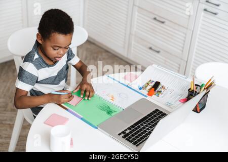Black boy using laptop and drawing while sitting at home Stock Photo ...