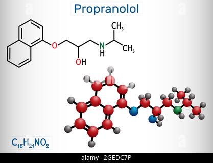 Propranolol molecule. It is synthetic, nonselective beta blocker, used ...