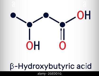 Beta-hydroxybutyric acid (beta-hydroxybutyrate) molecule. Stylized 2D ...