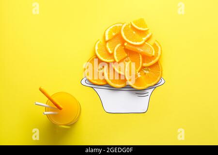 Creative composition with drawn bowl and orange slices on color ...