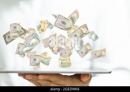 Businessman hands with money money icon floating in the air graphic ...