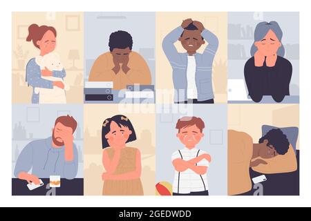 Loneliness characters. Stressed depressed people bad psychical rain at ...