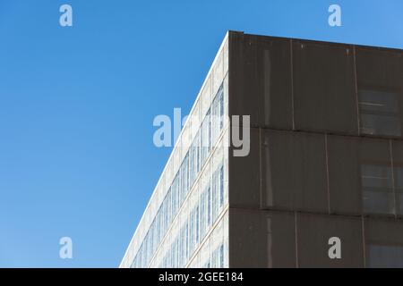 Modern white cube shape residential building. long balcony terrace ...
