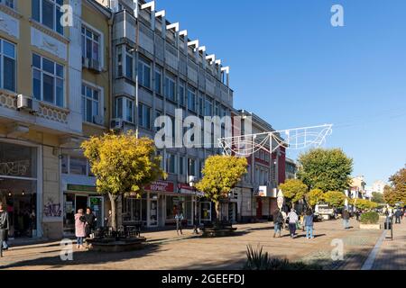 RUSE, BULGARIA -NOVEMBER 2, 2020: Typical Building and street at the ...