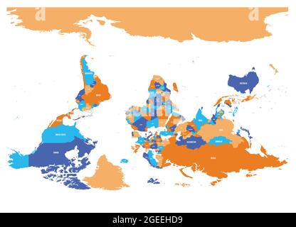 Reversed or upside down political map of World. South-up orientation ...
