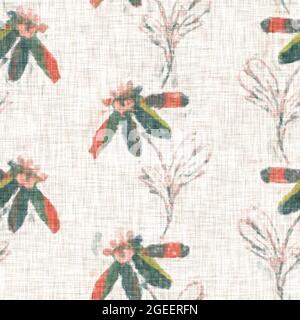 Hand drawn flower motif linen texture. Whimsical garden seamless ...
