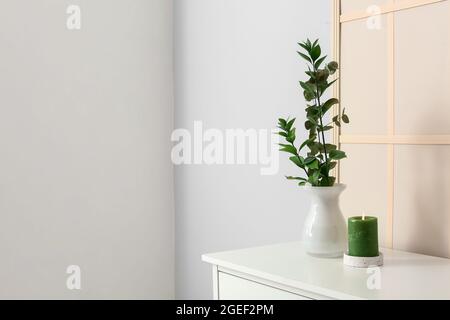 Chest of drawers with candle and eucalyptus branches near light wall ...