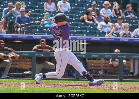 August 18 2021: Colorado shortstop Trevor Story (27) hits a homer and ...