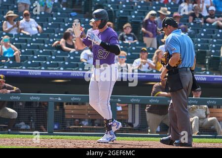 August 18 2021: Colorado shortstop Trevor Story (27) hits a homer and ...