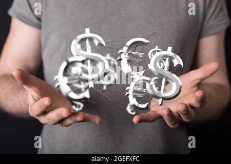 Businessman showing 3render of dollar and euro symbols Stock Photo - Alamy