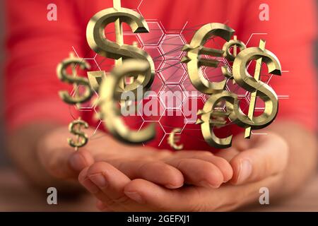 Businessman showing 3render of dollar and euro symbols Stock Photo - Alamy