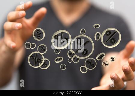 Businessman working with 3D render of sales or percentage icons Stock ...