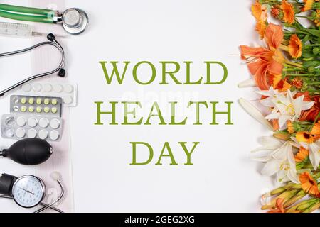 Medical instruments tonometer, phonendoscope, ECG and medicine with ...