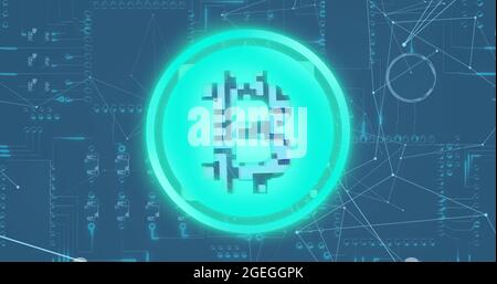 Bitcoin symbol over QR code scanner against network of connections ...