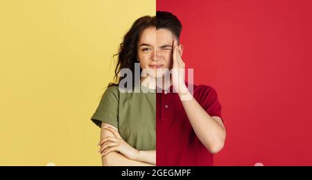 Two halves of young people faces, man and woman over pastel backgrounds ...