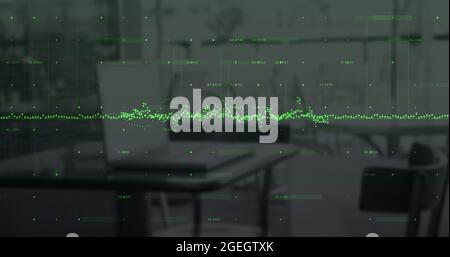 Digital composite image of green graphs over financial data processing ...