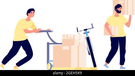 Vector cartoon style illustration of loaders movers man carrying ...