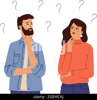 Young troubled couple. Confused woman and man thinking together. People ...