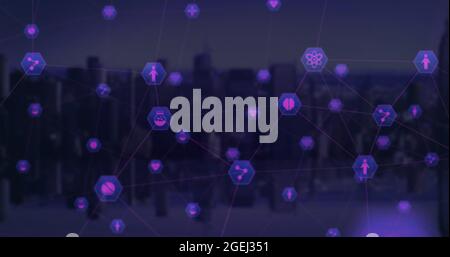 Network of connections icons against cityscape Stock Photo - Alamy