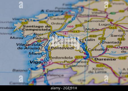 Pontevedra Spain shown on a road map or Geography map Stock Photo - Alamy