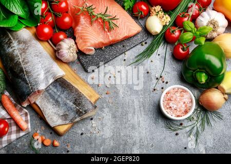 Raw fishes and vegetables on stone background, healthy food Stock Photo ...