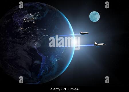 Blue planet. Space shuttles taking off on a mission. Elements of this ...