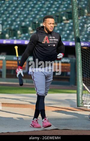 August 20 2021: Arizona center fielder Katel Marte (4) hits a homer ...