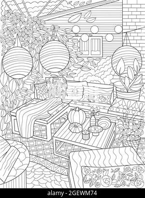 Backyard Lounge Doodle Hanging Lamps Tables Chairs Colorless Line ...