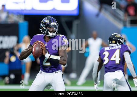 Baltimore Ravens quarterback Tyler Huntley (5) an NFL football game ...