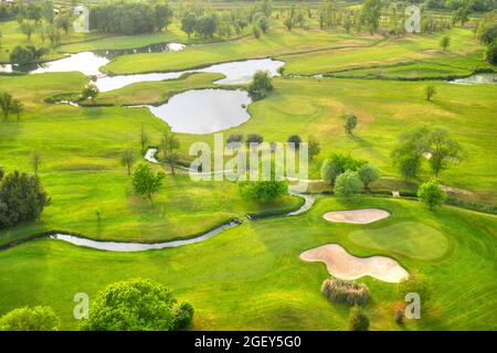 Top view with the use of a golf course pylon drone Stock Photo - Alamy