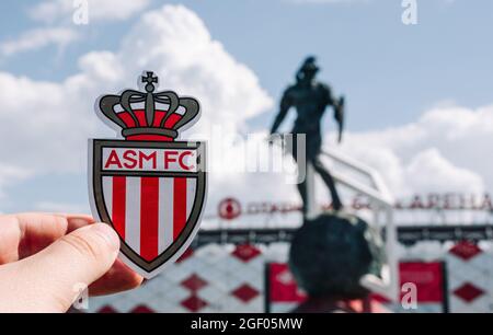 14 June 2021 Monaco, AS Monaco FC emblem in front of a modern stadium ...