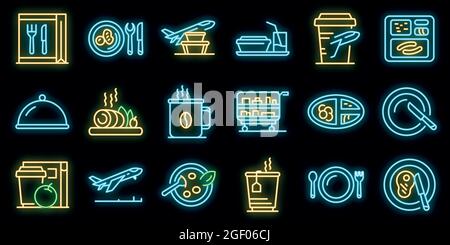 Airline food icons set. Outline set of airline food vector icons neon ...