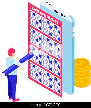 Isometric icon with smartphone coins and character filling out lottery ...