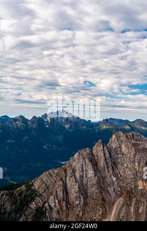 The Latemar mountain range. The Dolomites of Fiemme Valley. Limestone ...