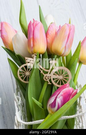 Bouquet of pink tulips in crochet basket. Greeting card for Valentine's, Mother's Day Stock ...