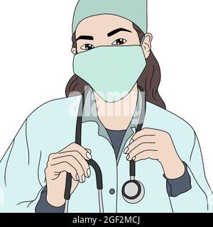 Illustration of a female doctor wearing a face mask isolated on a white ...