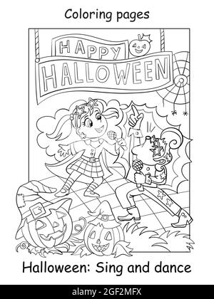 Children in costumes of retro singers sing on stage. Halloween concept ...