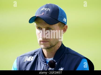 England's Joe Root speaks to the media after day five of the cinch ...