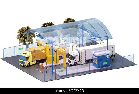 Trucks at the customs control on border checkpoint. X-ray truck scanner ...