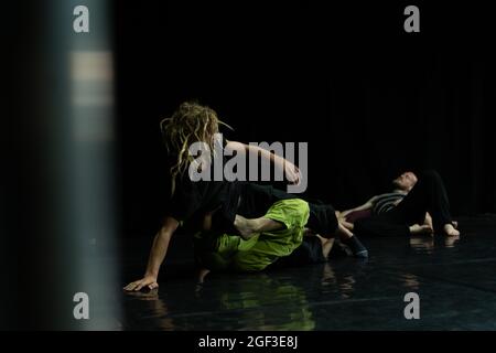 couple dancers move in contact improvisation performance Stock Photo ...
