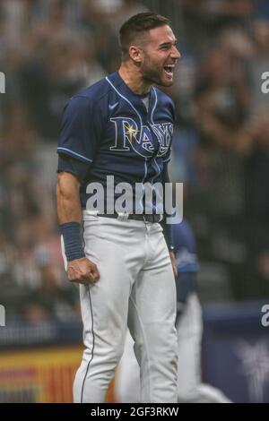 Tampa Bay Rays center fielder Kameron Misner leaps but can't make the ...