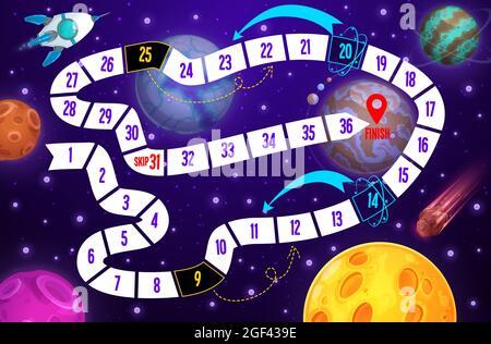Kids board game with ufo saucers in space vector template. Step boardgame with block path ...